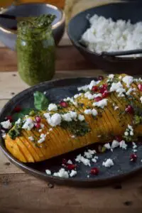 Hasselback Butternut Squash with Feta, Pistachio Pesto and Pomegranate ...